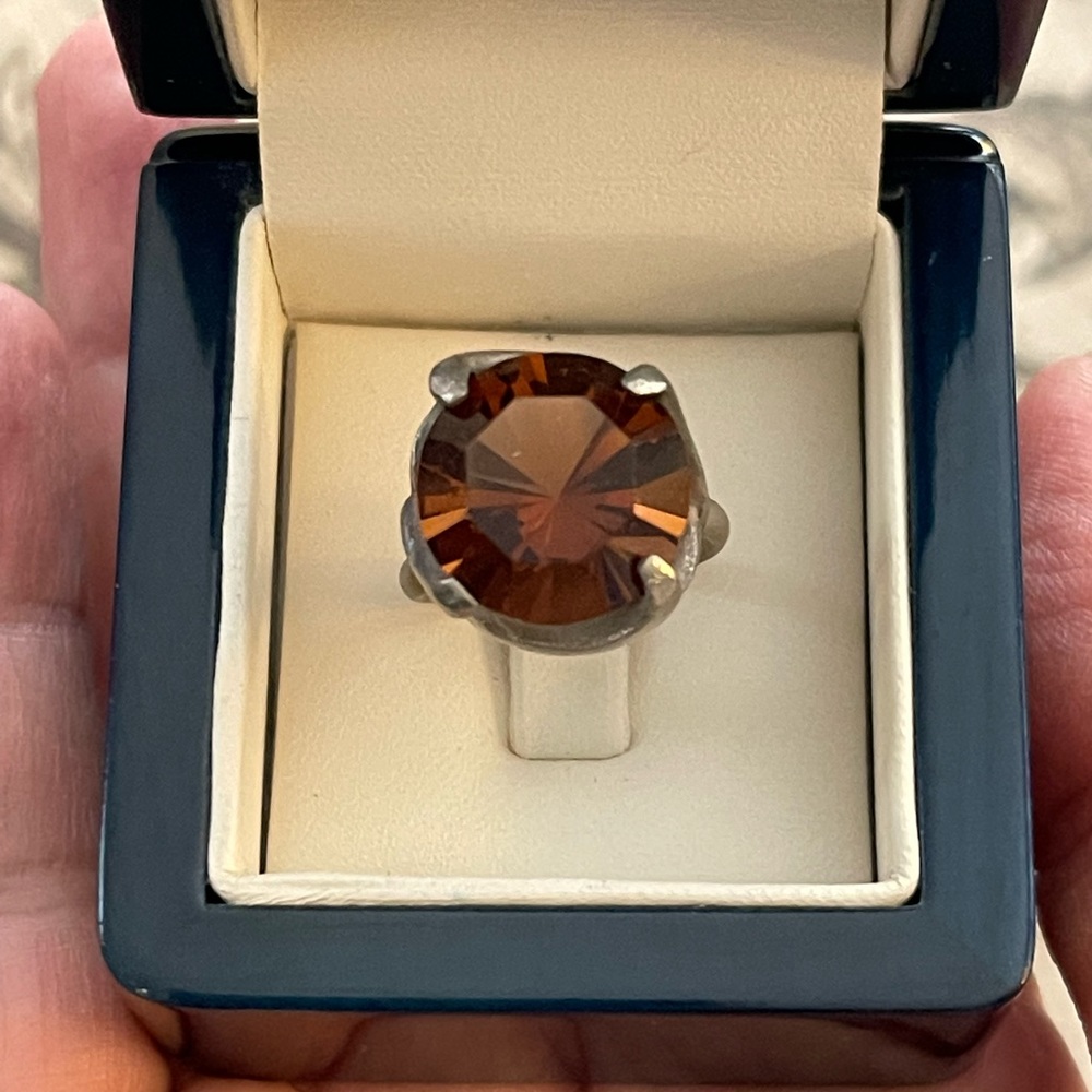 Vintage Burnt Orange Crystal Pewter Ring - Gem
